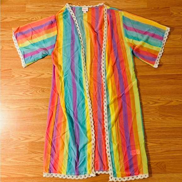 Modcloth | Tops | Colorful Vibrant Dopamine Rainbow Striped Kimono With ...